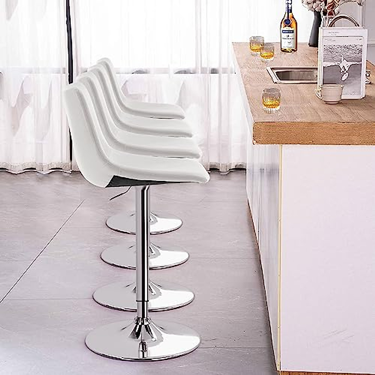 VATROS Bar Stools Set of 2, Adjustable Bar Stools with Back and Footrest, PU Leather Upholstered Swivel Counter Height Bar Stools for Home Kitchen Island-White