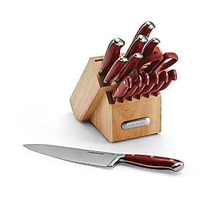 Farberware Professional 15-piece Forged Triple Riveted Knife Block Set with Built-in Edgekeeper Knife Sharpener, High-Carbon Stainless Steel Kitchen Knives, Razor-Sharp Knife set, Red