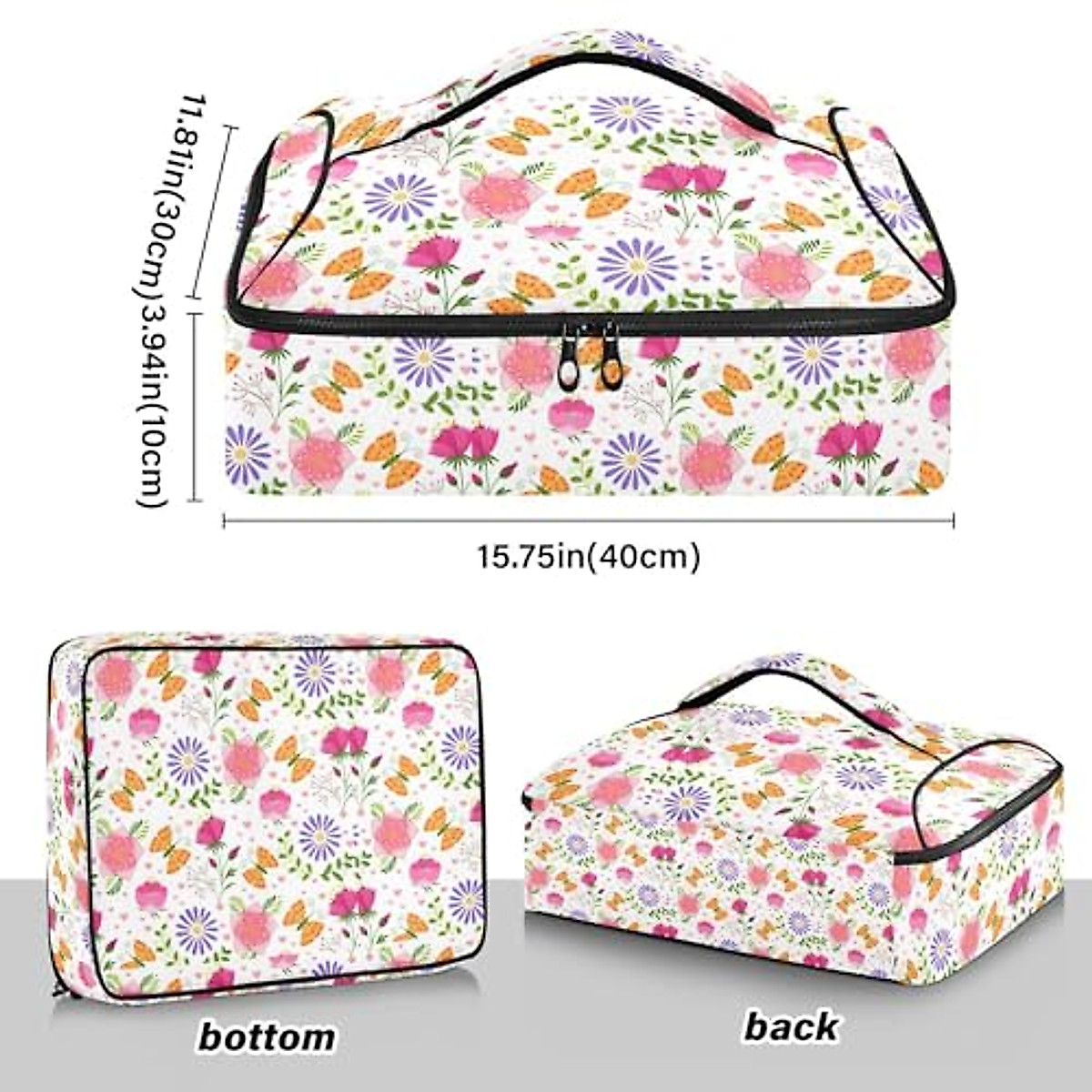 Kcldeci Insulated Thermal Food Carrier Insulated Casserole Carrier for Hot or Cold Food,Springtime Colorful Flower Butterfly Insulated Tote Bag for Potluck Cookouts Parties Picnic,Lasagna Lugger