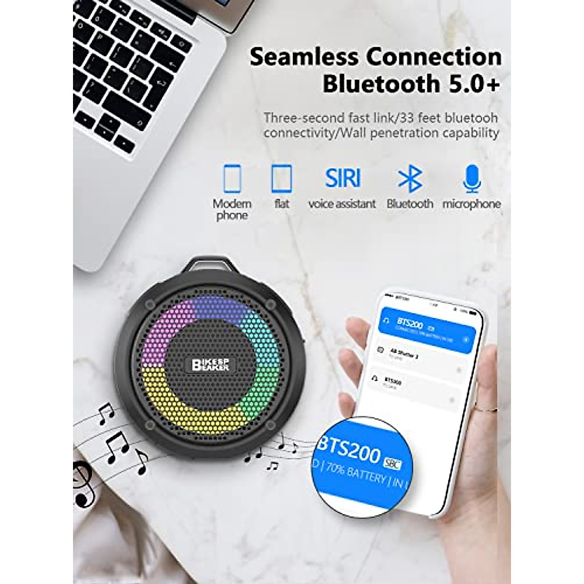 PEYOU IPX7 Waterproof Speaker, Bluetooth Shower Speaker 5.0 Waterproof with Suction Cup, Playtime RGB Lights, 360° Surround Sound Rich Bass for Outdoors, Mini Speaker for Beach/Hiking/Travel/Pool