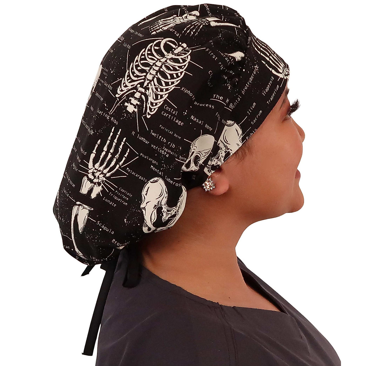 Sparkling EARTH Human Body Skeleton (Glow in The Dark) Banded Bouffant Ponytail Classic Surgical Style Scrub Working Cap - Made in The USA!