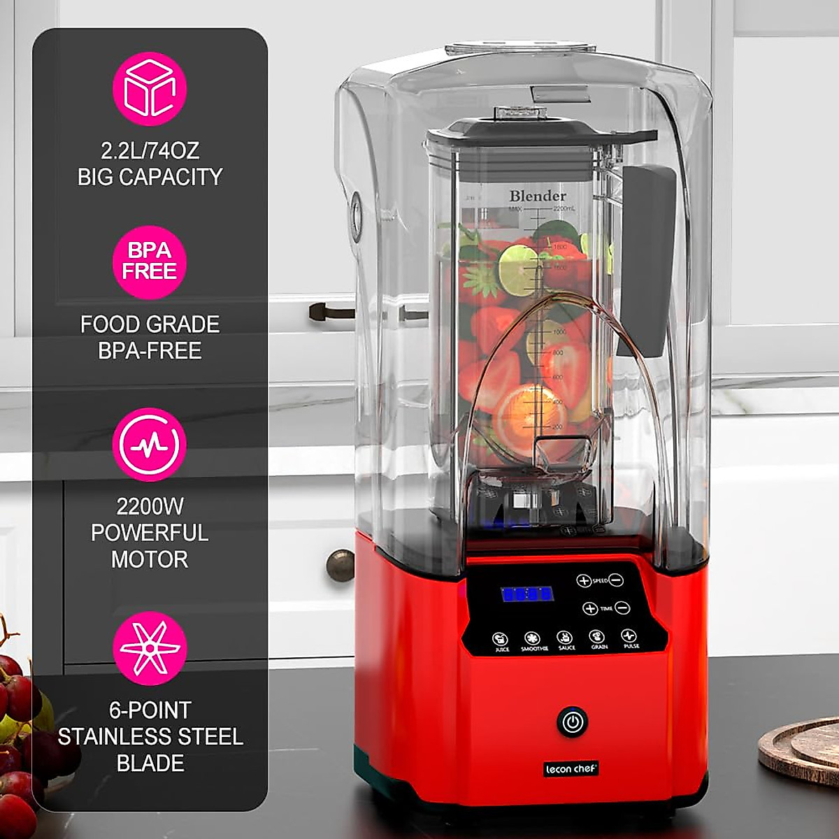 Lecon Chef Commercial Quiet Shield Blender 2200W Professional Industrial Blenders Red 2.2L/ 74oz BPA-Free Pitcher for Ice Crushing, Shakes and Smoothies for Kitchen