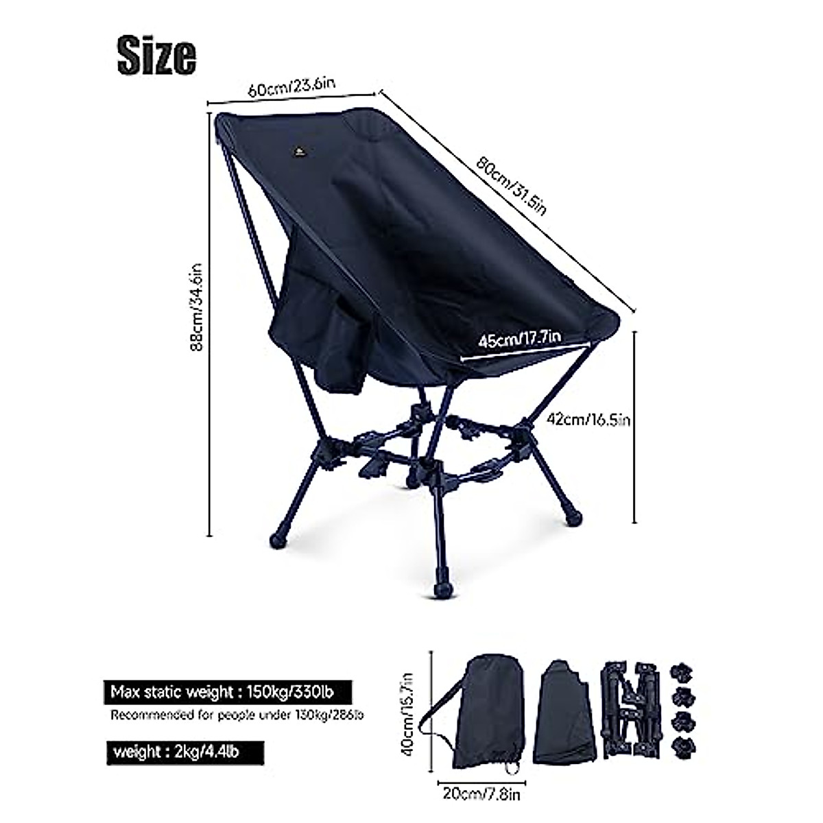 iClimb Two-Heights Light Compact Comfortable Camping Folding Beach Chair with Anti-Sinking Large Feet and Carry Bag (Black)