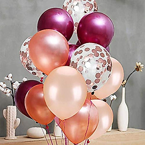62 Pieces Rose Gold Burgundy Confetti Balloons Kit, 12 Inch Rose Gold Confetti Burgundy Rose Gold Latex Balloons with Balloon Ribbon for Wedding Birthday Girl Party Background Decorations
