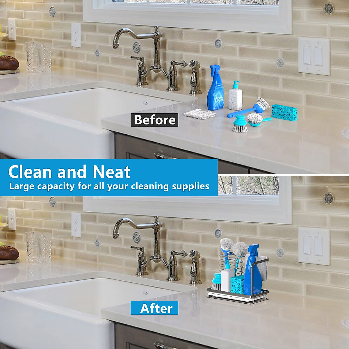 FixOwl Kitchen Sink Caddy Organizer 304 Stainless Steel Sponge Holder Dish Soap Brush Scrubber Countertop Rack, Rustproof, Silver