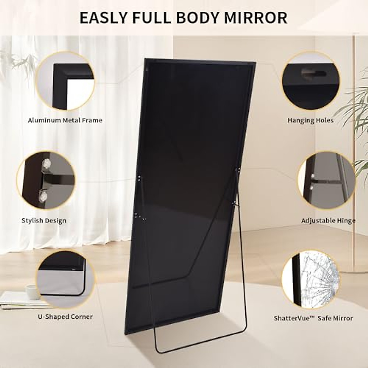 Extra Large 71"x30" Full Length Mirror - Standing, Hanging, or Leaning Rectangle for Wall or Floor - Wall-Mounted Full Body Dressing With Aluminum Alloy Frame for Living Room - Black