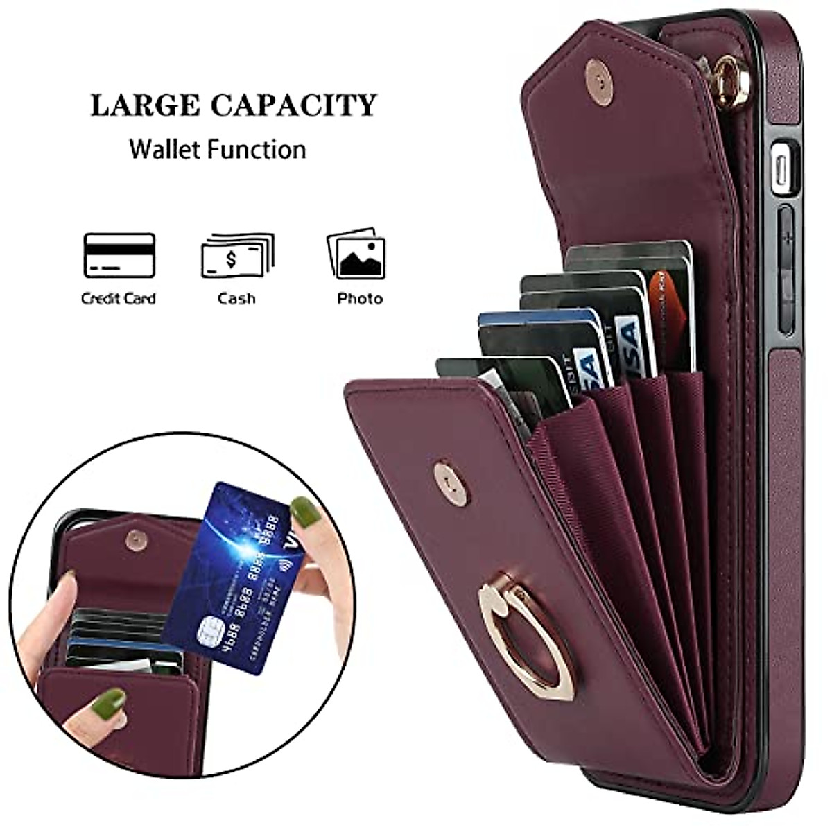 Nunwiza for iPhone 13 Pro Max Wallet Case with 360°Rotation Ring Holder Stand, RFID Blocking PU Leather Case Card Holder for iPhone 13 Pro Max 6.7'' Wine Red