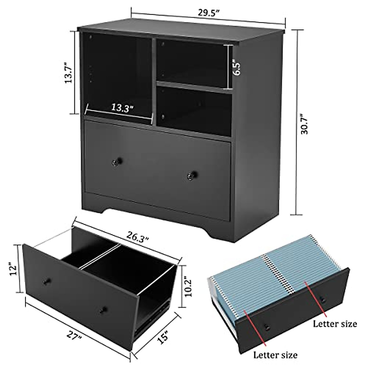Panana Wood File Cabinet with a Big Drawer, Mobile Lateral Filing Cabinet for Home Office Storage Cabinet Organizer (Black)