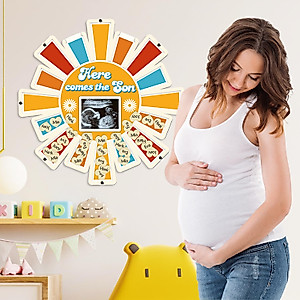 65 Pcs Here Comes The Son Baby Shower Decorations Guest Book, Here Comes The Son Baby Shower Guest Book with Photo Frame, 60 Wood Slices Baby Shower Guest Book Alternatives for Boys Kids Baby Shower