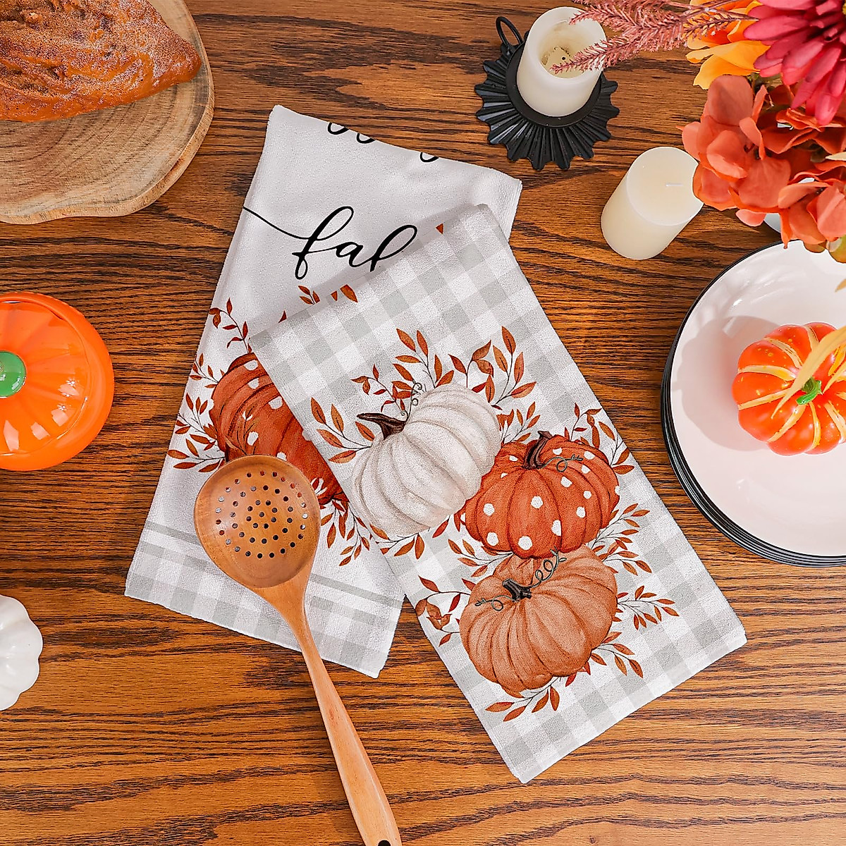 Siilues Fall Kitchen Towels 18 x 26 Inch Set of 2, Fall Hand Towels Hello Fall Decorations for Home Pumpkin Dish Towels Seasonal Thanksgiving Decorations for Home
