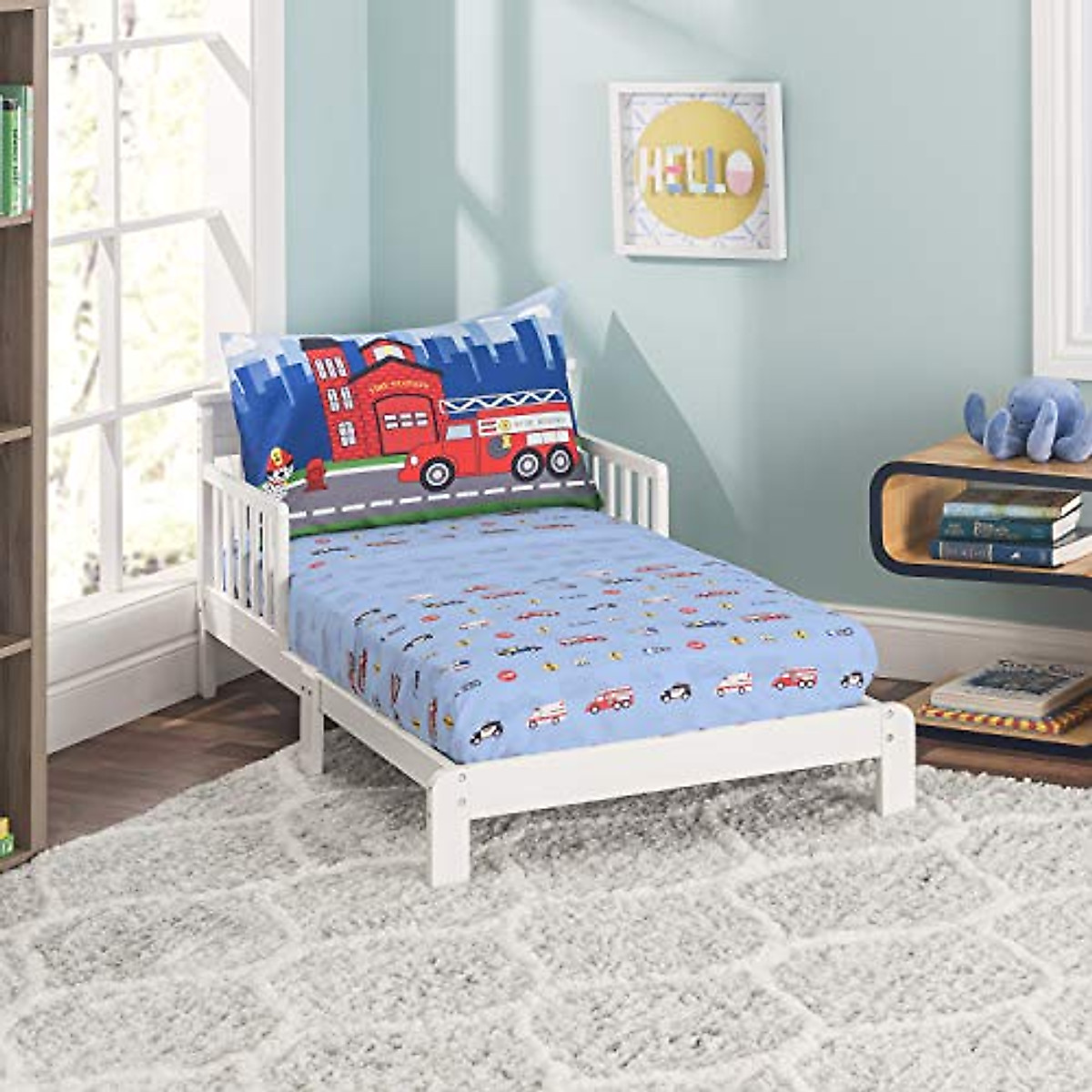 EVERYDAY KIDS 4 Piece Toddler Bedding Set -Fire and Police Rescue- Includes Comforter, Flat Sheet, Fitted Sheet and Reversible Pillowcase