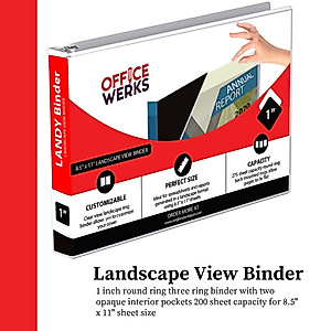 8.5" X 11" Landscape View Binder, 3-Ring Binder 1" Capacity Round Ring, White Horizontal Formatted Binder with Clear Cover Pockets, Perfect for Documents, Projects and More