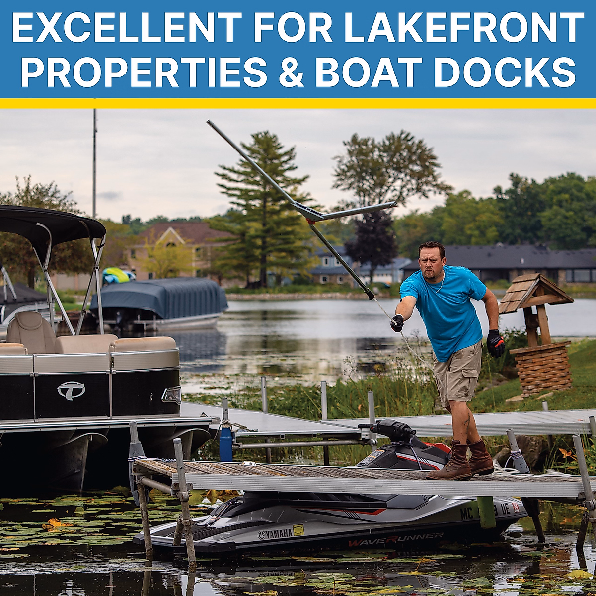 Jenlis The Original Weed Razer, Lake Weed Cutter, Large Pond Aquatic Plant Cutting Tool, Long and Sharp Razor Blades Shear Cattail, Reed, Lilly & Chara Algae, 48 Inch Cut Width, 25 Foot Throw Rope