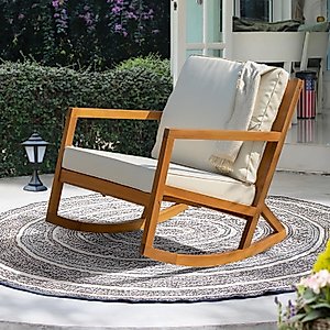IDZO Premium Club Rocking Chairs 500lbs Capacity with Inclined Backrest, Thick Foam, Solid Acacia Wood Rocker for Patio, Backyard, Balcony, Porch, Beige - 2 Cushions