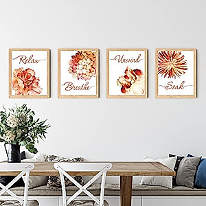 Flowers Relax Soak Unwind Breathe Bathroom Wall Decor, Bedroom Office Corridor Decor Poster Wall Bathroom Locker Home Decor, Spa Woman Girl Bedroom Art Painting, Set of 4 (8"x10"), Unframed (Orange)