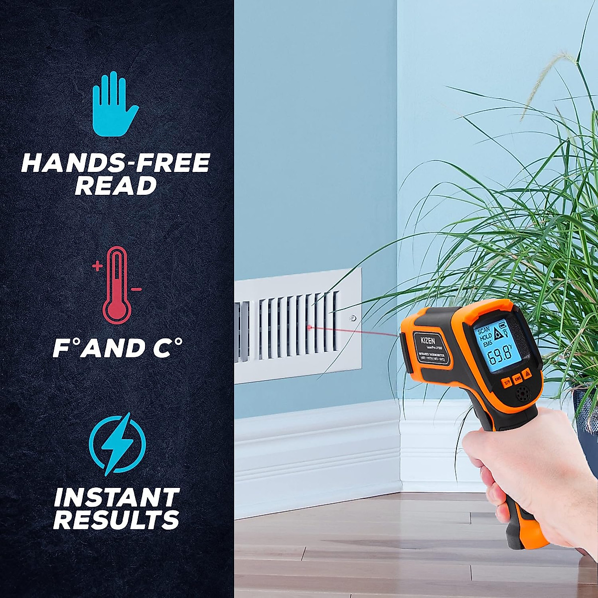 KIZEN Infrared Thermometer Gun (LaserPro LP300) - Handheld Heat Temperature Gun for Cooking, Pizza Oven, Grill & Engine - Laser Surface Temp Reader -58F to 1112F - NOT for Humans