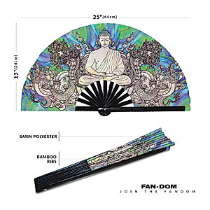 Buddha Hand Fan Foldable Bamboo Circuit Rave Hand Fans Buddhism Golden Buddha Head Statue Floral Lotus Mandala Artwork Fan Outfit Party Gear Gifts Music Festival Rave Accessories (Style 6)