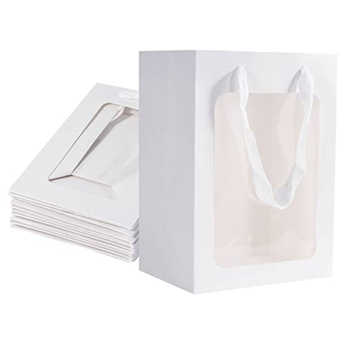 Dasofine 12pcs White Gift Bag with Window, Sturdy Paper Tote with Transparent Window, 7.1"×5.1"×9.8" Paper Gift Bags with Handles, Flower Bouquet Bags