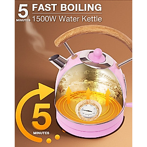 Electric Tea Kettle, 1.7Liter Stainless Steel Tea Kettle Hot Water Boiler with Thermometer, BPA Free, SMOLON 1500W Pour-Over Kettle Teapot with LED Indicator Auto Shut-Off & Boil-Dry Protection, Pink