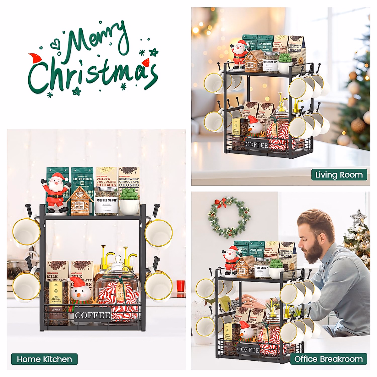 EsLuker.ly 2 Tier Coffee Bar Organizer Countertop Station Shelf for Home Office, Multi-functional Coffee Mug Cup Holder Stand, Accessory Storage Rack with 12 Hooks, Space-Saving Coffee Nook Enhancer