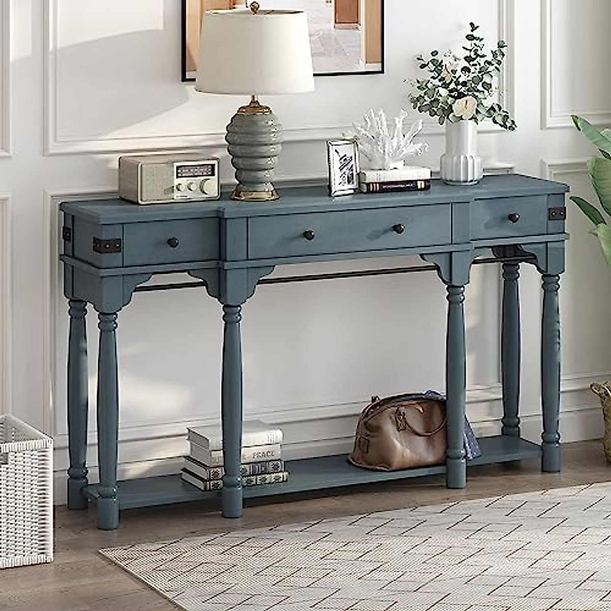 Bellemave Console Table Entryway Table with 3 Storage Drawers and Open Style Shelf Retro-Style Sofa Table for Living Room, Couch, Hallway, Foyer, Kitchen Counter (Dark Navy)