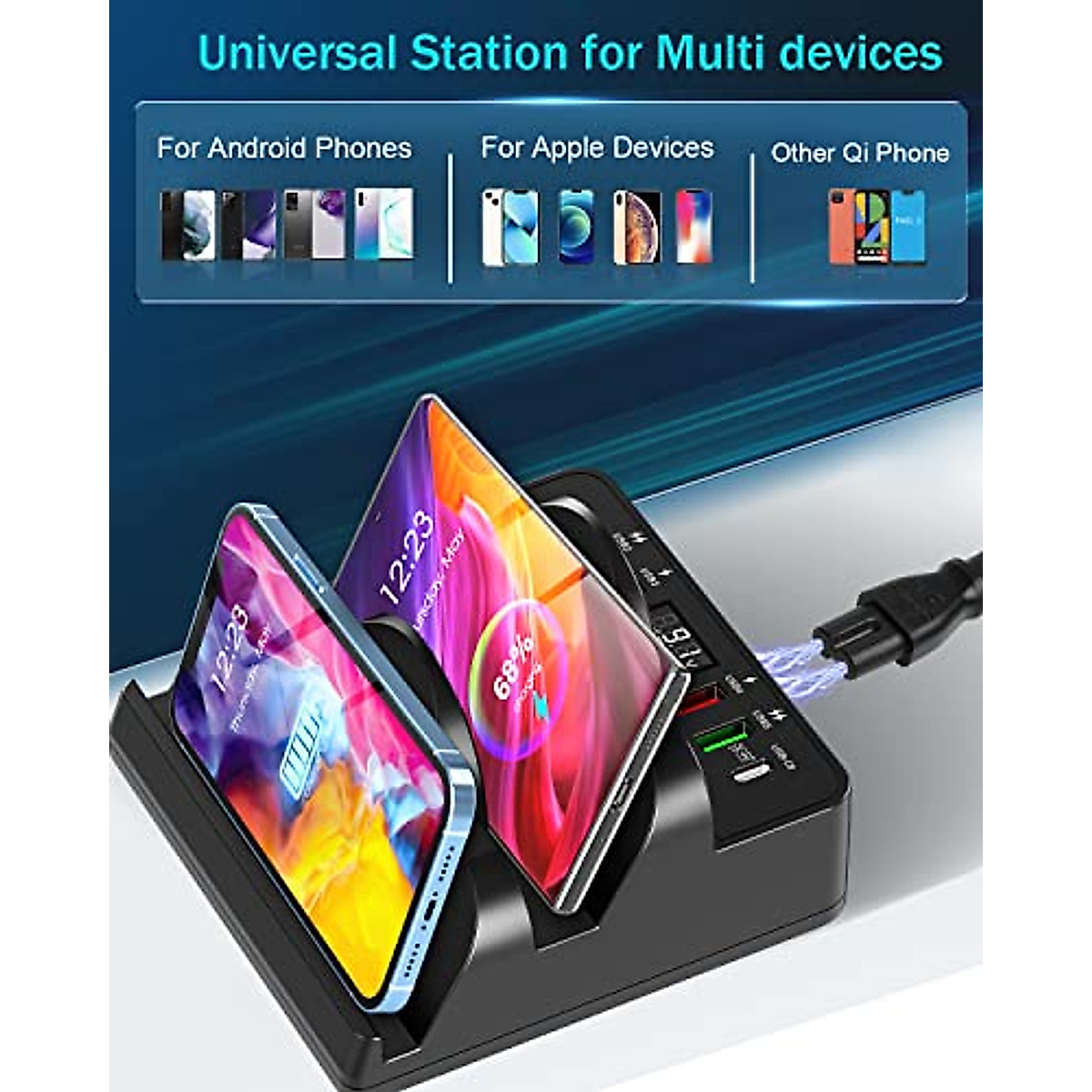 Wireless Charging Station with USB Ports, 8 in 1 Dual 15W Wireless Charger Station, 2 QC/2 PD USB Fast Charging Station, 80W Phone charger for iPhone14/13/12/11/X/Xr/Xs/8/Samsung/Android/iWatch/AirPod