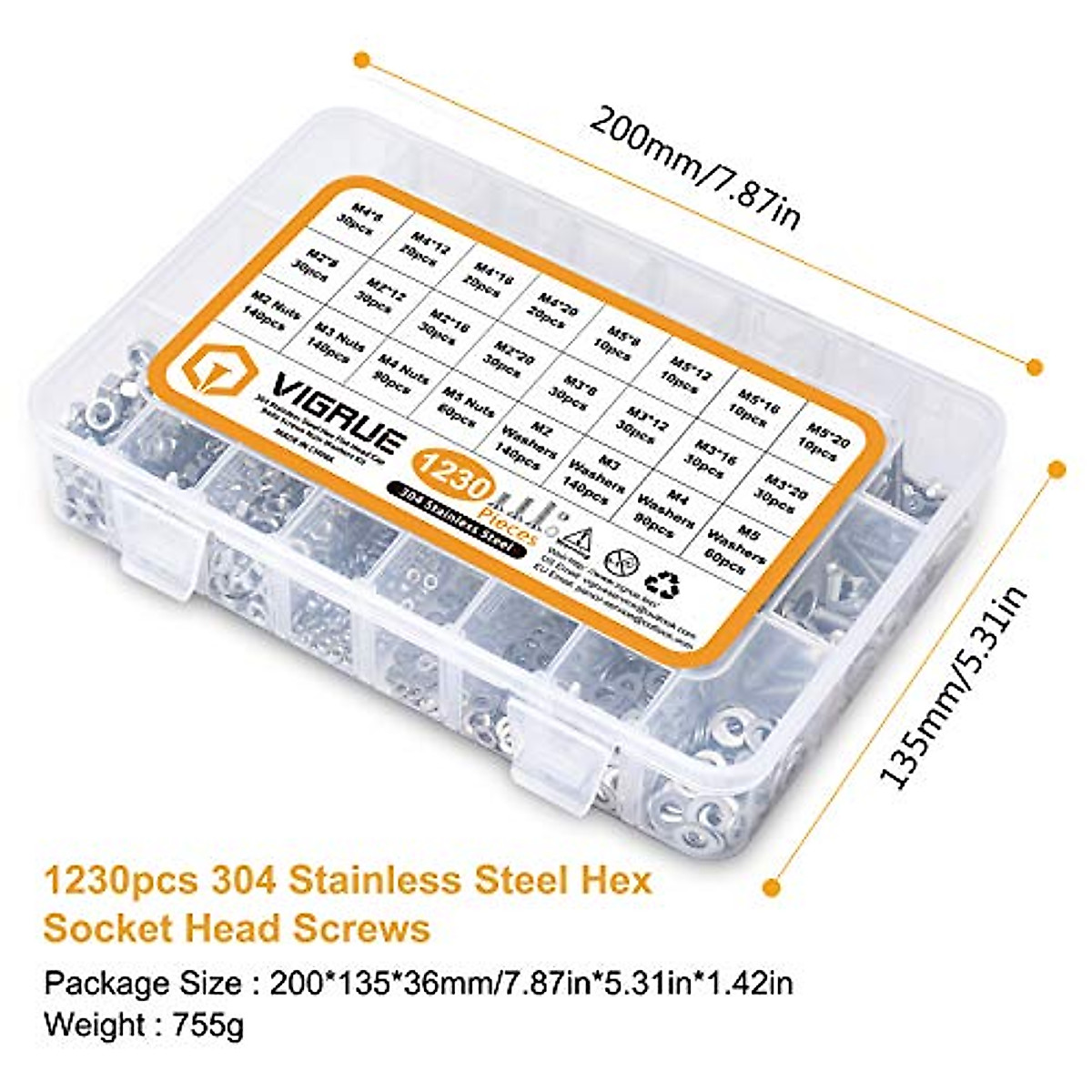 VIGRUE 1230 Pieces M2 M3 M4 M5 Flat Head Socket Cap Screws 304 Stainless Steel Cap Bolts Nuts Washers Assortment Kit with 4Pcs Hex Wrenches