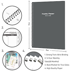 2024-2028 Monthly Planner/Calendar - Jan 2024 - Dec 2028, 5 Year Monthly Planner with Tabs & Celebrity Quotes, 9" x 11", Famous Quotes, Two-Side Pocket, Suitable for Long-Term Planning, Grey