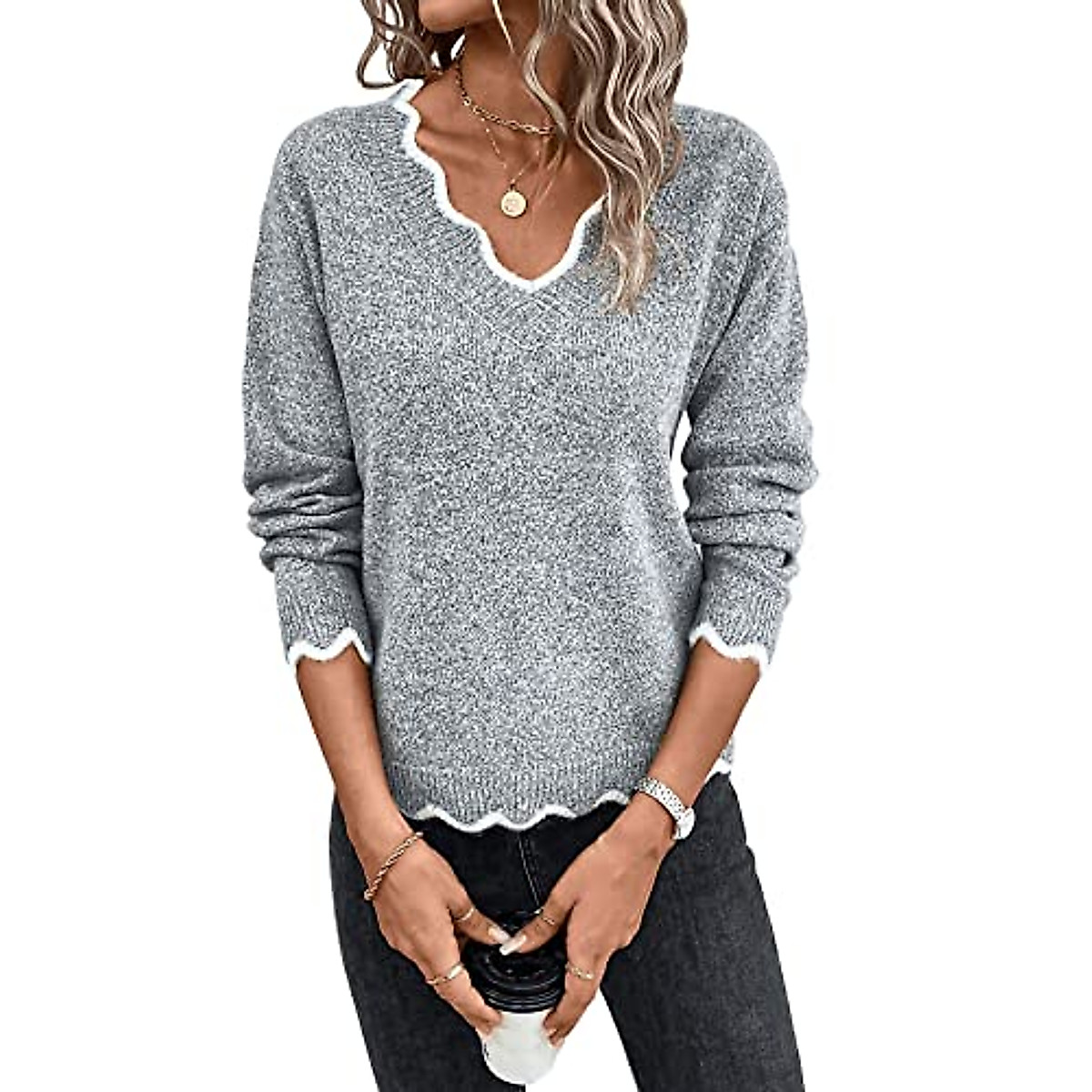 SweatyRocks Women's Long Sleeve V Neck Ribbed Knit Top Scallop Trim Drop Shoulder Pullover Sweater Light Grey M
