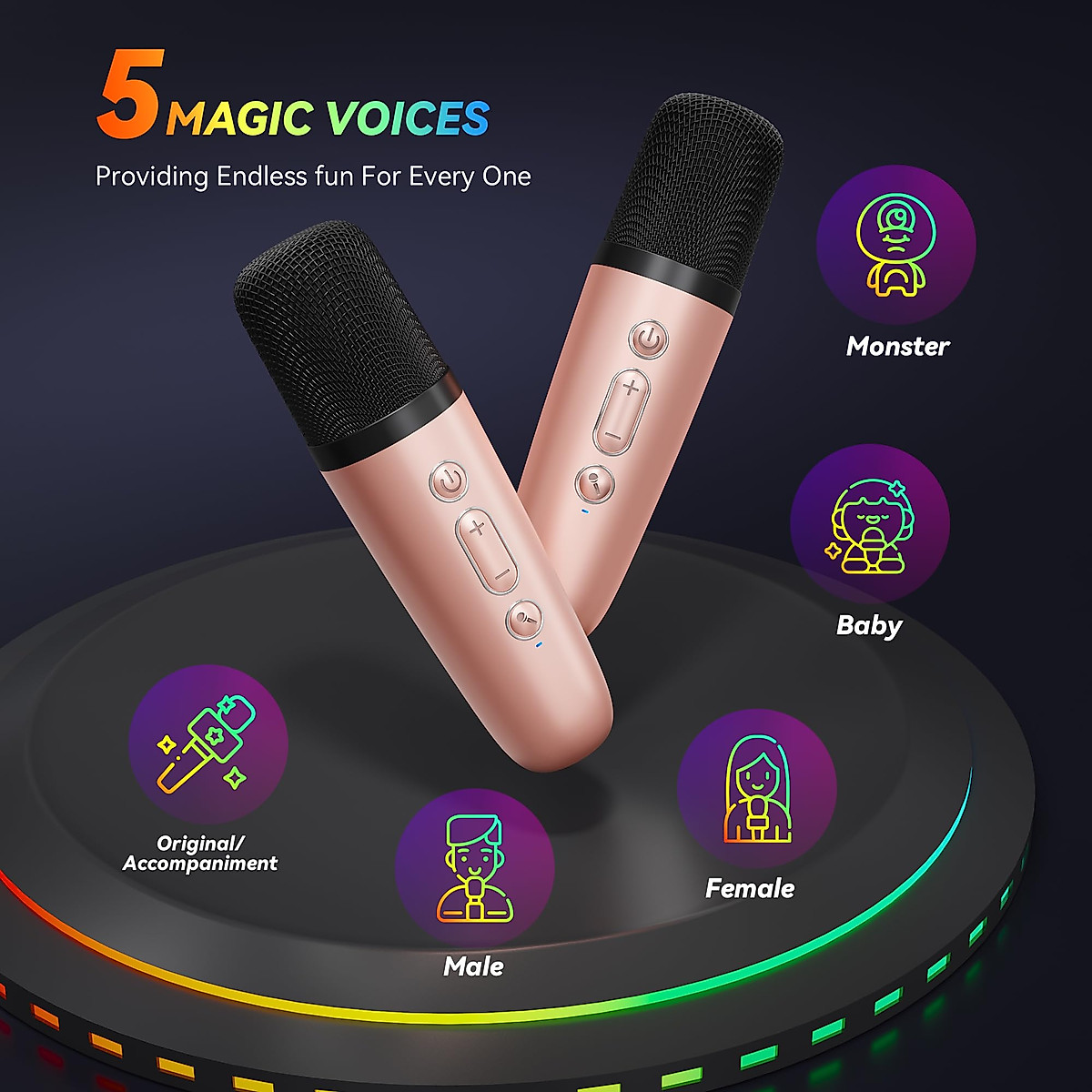 Karaoke Machine for Kids Adults, Portable Bluetooth Mini Karaoke Microphone Singing Speaker with 2 Wireless Mic and Light,Toys for All Smartphones,Birthday, Family,Home Party (Rose Gold)