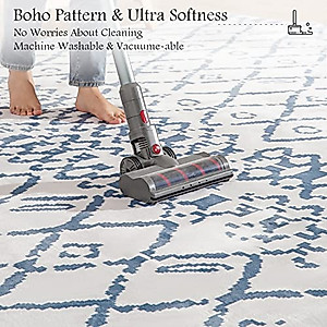 Washable Boho Blue Area Rug - 5x7 Feet Modern Carpet with Non-Slip Backing Neutral Room Decor for Living Room Bedroom Playroom Entryway Entrance Indoor