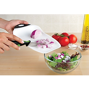 Dexas Chop & Scoop Cutting Board, 6.5 by 10.5 inches, White with Black Handle