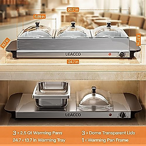 Leacco Buffet Server & Food Warmer, 3 x 2.5Qt Electric Chafing Dish Set, 25 x 14 Warming Tray Stainless Steel for Parties, Catering, Events