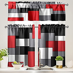 HAISUKA Red Kitchen Curtains Tiers and Valances Set of 3 Black Grey Red Kitchen Decor and Accessories Abstract Art Kitchen Window Curtains for Cafe Living Room