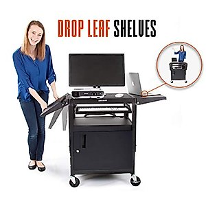 Line Leader AV Cart with Locking Cabinet and Drop Leaves | Height Adjustable Utility Cart with Extra Storage | Power Strip and Cord Management | Great for Presentations (Black / 46 x 18)