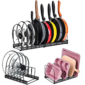 Toplife Adjustable 10+ Pans Organizer Rack + 7+ Lids Organizer Rack + 10+ Bakeware Organizer Rack for Kitchen Cabinet and Counter, Black