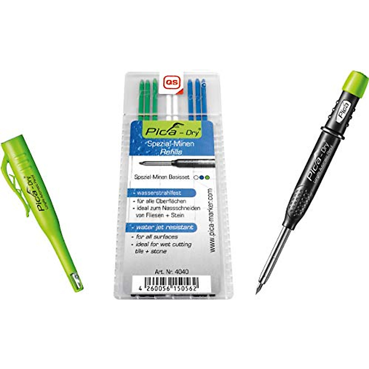 Pica 3030 + 4040 Dry Pen including Special Lead Base Set, Carpenter's Pencil, Green, Blue, White
