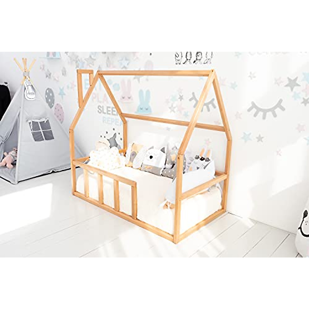 BUSYWOOD House Bed for Kids - Toddler Bed - Platform Bed Frame - Montessori Floor Bed - Full Size Bed - Queen Bedframe, Natural Wood (FLOOR BED FOR SLEEPING ONLY)