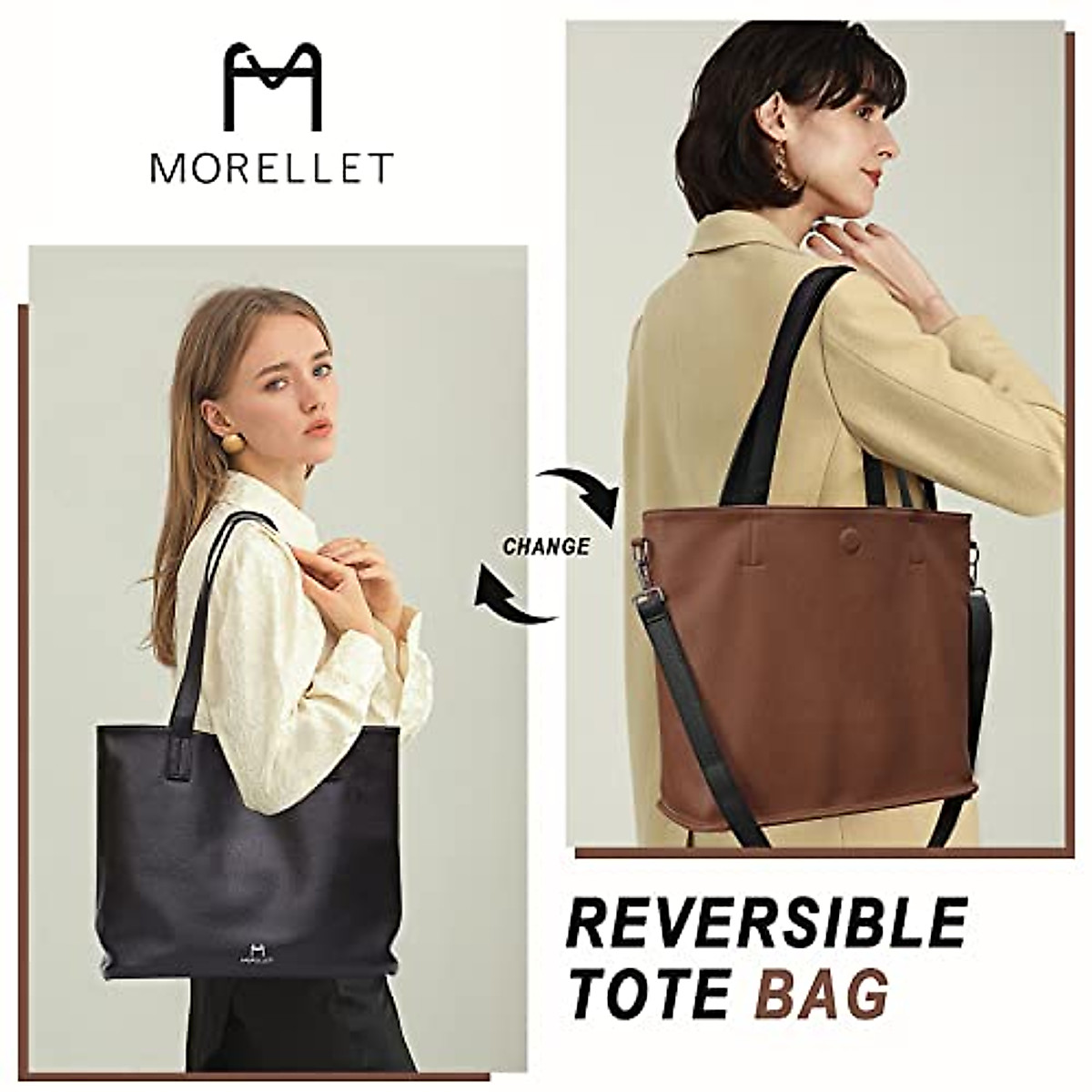MORELLET Black Tote Bag for Women, Mother's Day Gift Reversible Tote Handbags with Purses Organizer Insert Satchel Bag