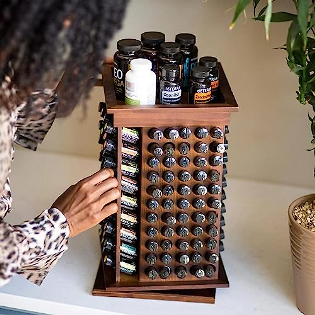 Oil Life - Premium Rotating Wooden Essential Oil Rack with Drawer | Aromatherapy Storage Solution for 182 Bottles | Display Holder for All 15ml Essential Oil Brands (Bottom Drawer Included)