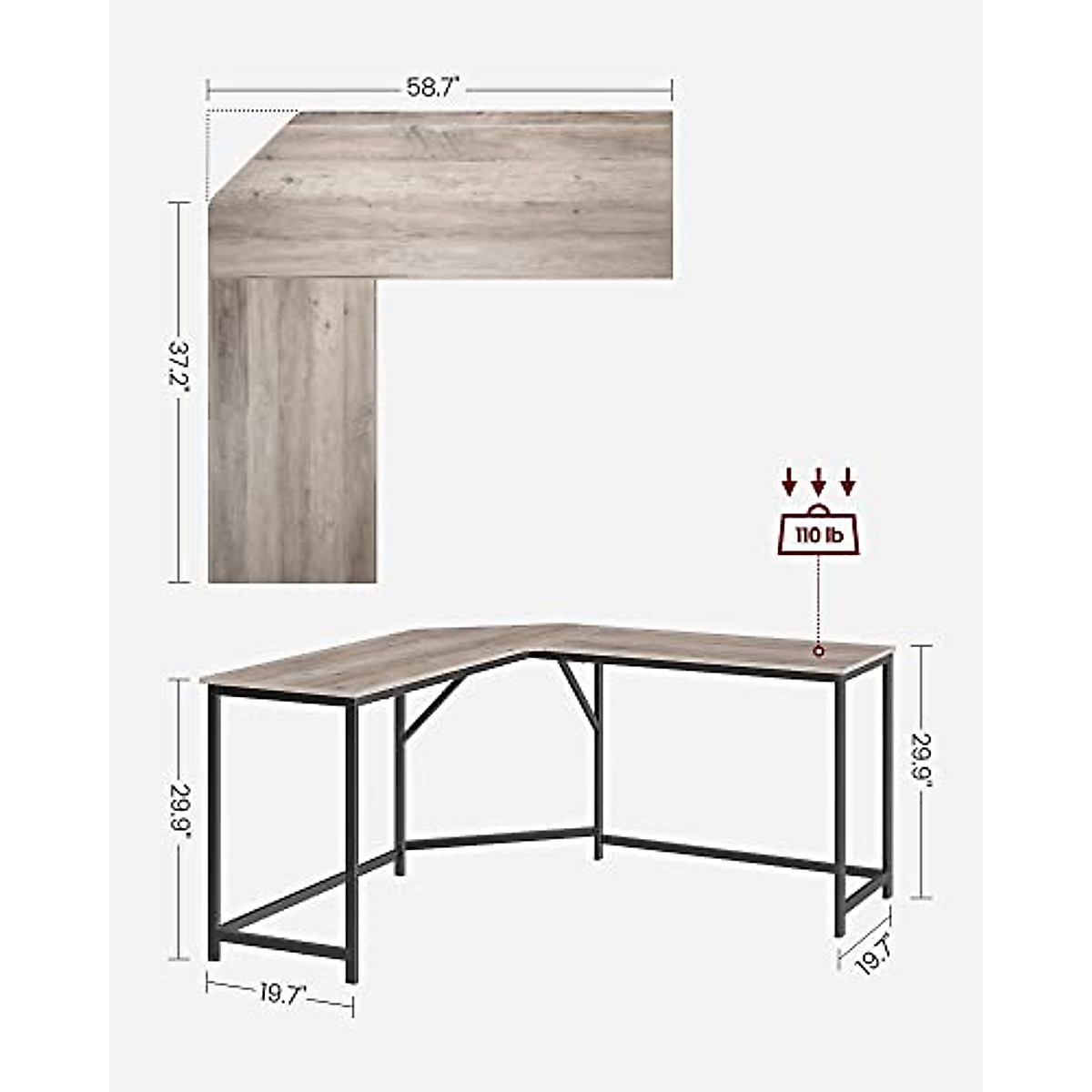 VASAGLE L-Shaped Computer Desk, Industrial Workstation for Home Office Study Writing and Gaming, Space-Saving, Easy Assembly, 58.7”D x 58.7”W, Greige