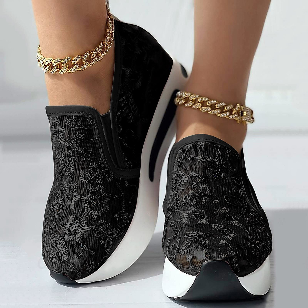 Wedge Floral Walking Shoes Embroidery Floral Mesh Lace Chunky Sneakers Slip On Arch Support Shoes Fashion Sneakers