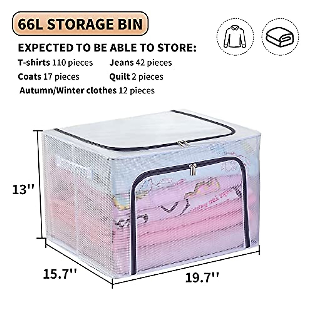 Kaysun Stackable Closet Clear Storage Bins with Lids Waterproof Foldable Steel Frame Storage Box for Clothes 66L Baby Cloth Storage bag Organizer for Bedding Clothing Toy(2-Pack) (Grey,19.7x15.7x13'')