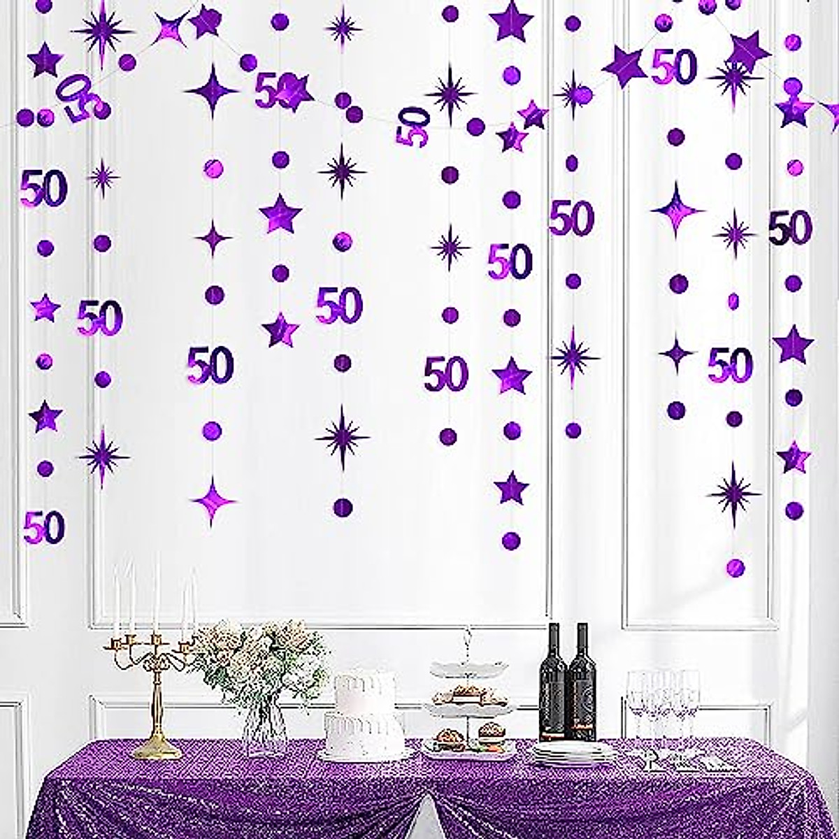 Purple 50th Birthday Decorations Number 50 Circle Dot Twinkle Star Garland Metallic Hanging Streamer Bunting Banner Backdrop for 50 Years Old Birthday Happy 50th Anniversary Fiftieth Party Supplies
