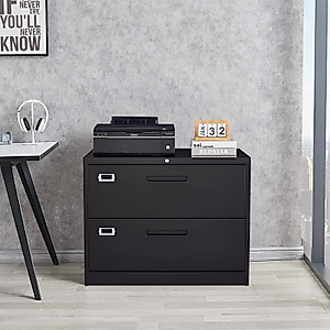 PEUKC 2 Drawer File Cabinet, Lateral Filing Cabinets for Home Office, Office Storage Drawers with Lock, Hanging Files Legal/Letter A4 Size (Assemble Required,Black)