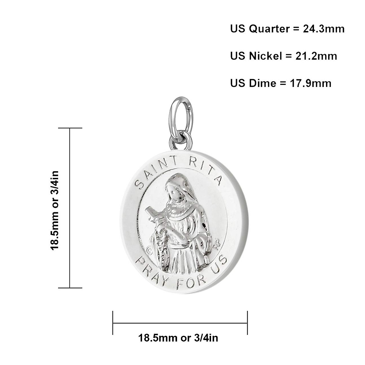 US Jewels New Polished 3/4in 0.925 Sterling Silver Saint St Rita Medal Pendant Necklace