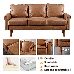 XIZZI Mid-Century Sofa 74" Suede Fabric 3-Seat Couch with Solid Wooden Frame and High Density Sponge Cushion for Living Room,Brown