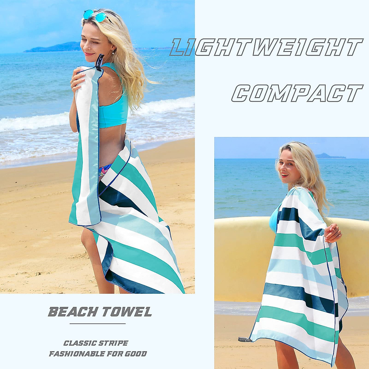 Exclusivo Mezcla 4 Pack Oversized Microfiber Quick Dry Beach Towels for Adults, Lightweight Sand Free Cabana Stripe Pool Travel Camping Towel with Bag (Multi, 35"X70")