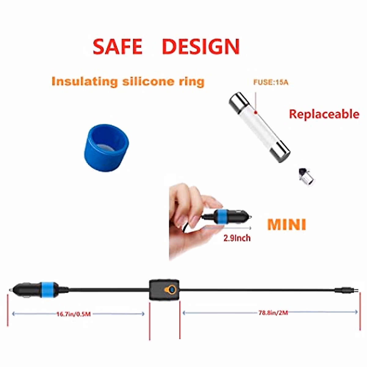 Smart DC Charge Converter Cigarette Lighter to DC8mm Waterproof IP65 to Safely and Efficiently Charge  Lithium Battery Portable Power Station Laptop Mobile Phone CPAP with 15A Fuse