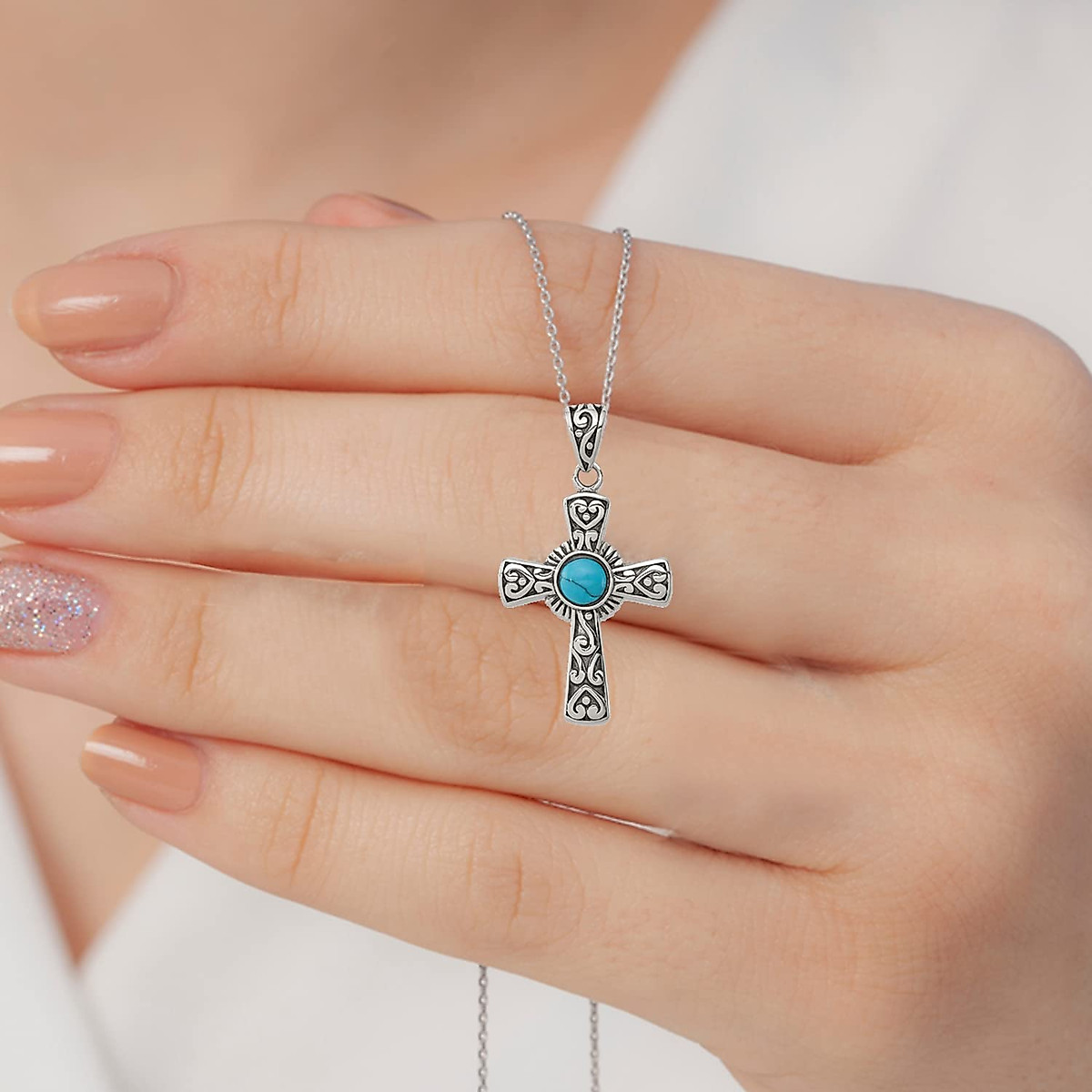 JewelryWeb - 925 Sterling Silver Oxidized Simulated Turquoise Cross Pendant - 20mm x 32mm - Artisan Cross Necklace - Handmade Cross Necklace - Christian Jewelry